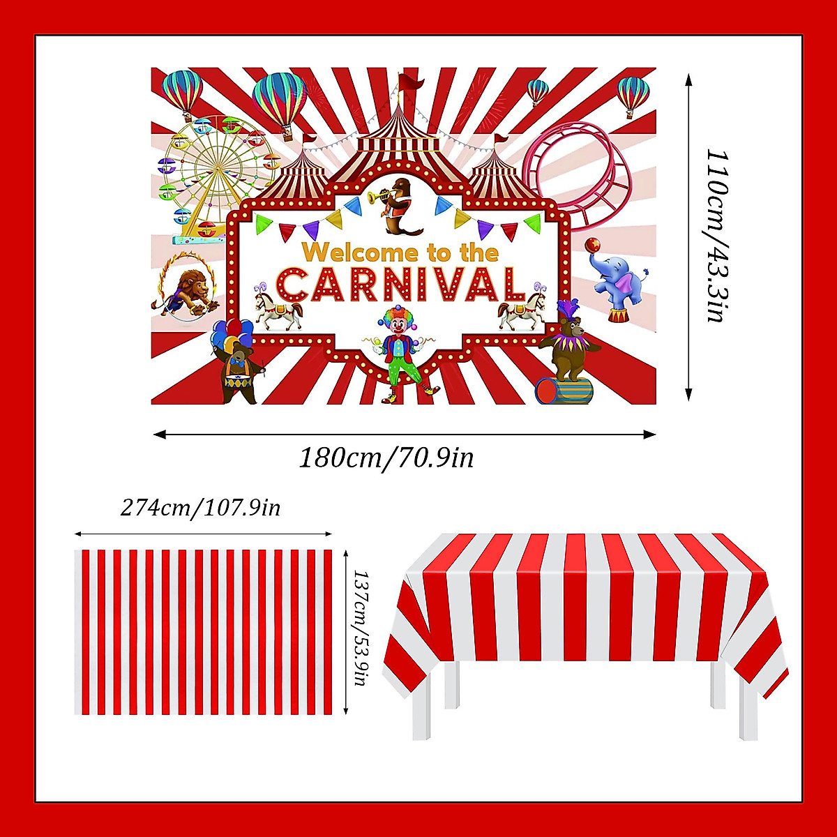 Carnival Theme Party Decorations, Circus Carnival Party Decoration Including Carnival Backdrop,Tablecloth, Latex Balloons and Lion & Popcorn Aluminum film balloon for Party Decorations Supplies