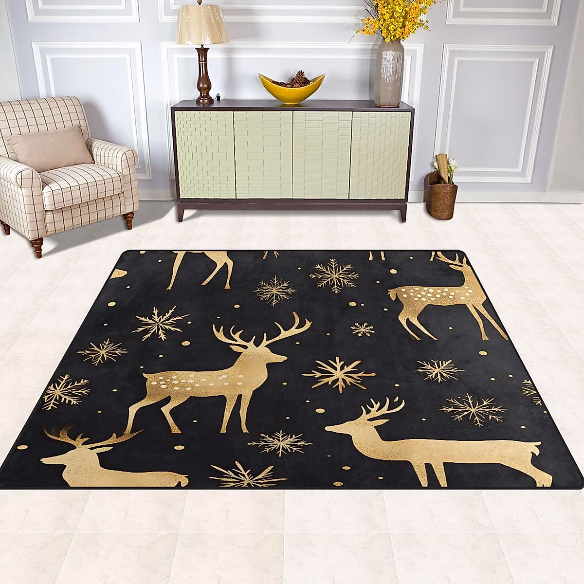 Christmas Rugs for Living Room Christmas Area Rugs 5x4 Christmas Gold Deer Black Non Slip Area Rug Large Christmas Carpet Home Decorative