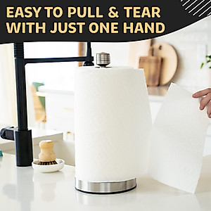 Stainless Steel Paper Towel Holder Stand Designed for Easy One- Handed Operation - This Sturdy Weighted Paper Towel Holder Countertop Model Has Suction Cups and Holds All Paper Towel Rolls
