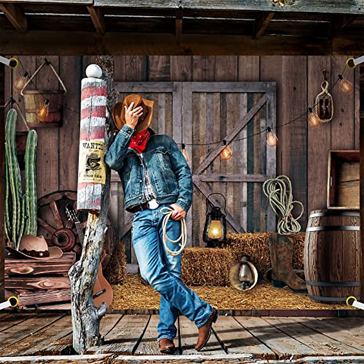 7 x 5 Ft Western Cowboy Backdrop Western Party Supplies Decorations Wild West Decor Rustic Wooden House Barn Photography Background for Kids Boy Children Boy Baby Birthday Banner Photo Booth
