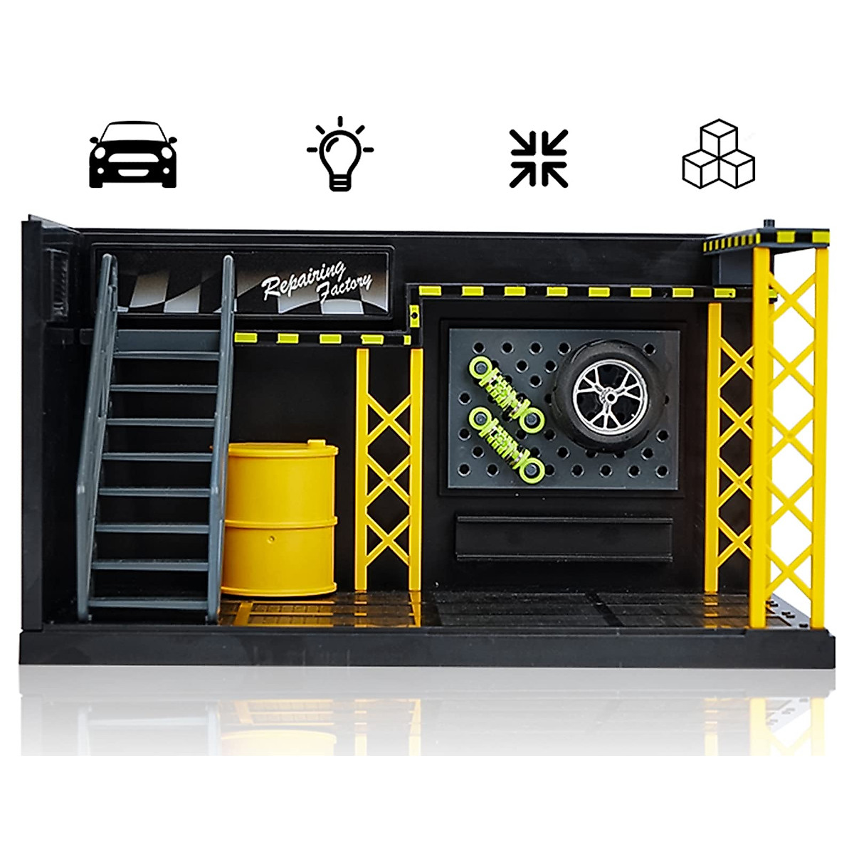 Gilumza Display Case DIY Simulation Scenario Die-cast Model with LED Light, Garage Scene Model for Motorcycle Toy Car Toys Collectibles Assemble (9x4x5inch)