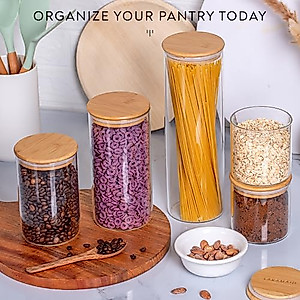 Laramaid Glass Jar Set (3x22oz/3x35oz) Set of 6 with 160 Minimalist Pantry Labels, Round Canister Jars with Bamboo Lids and Transparent Customized Sticker Labels, Food Storage Containers