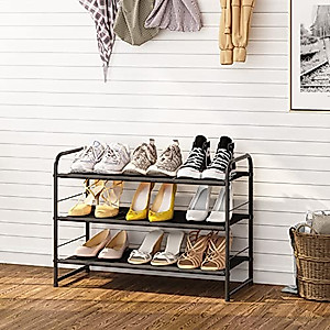 Simple Trending 2 Pack 3-Tier Stackable Shoe Rack, Expandable & Adjustable Fabric Shoe Shelf Storage Organizer, Black