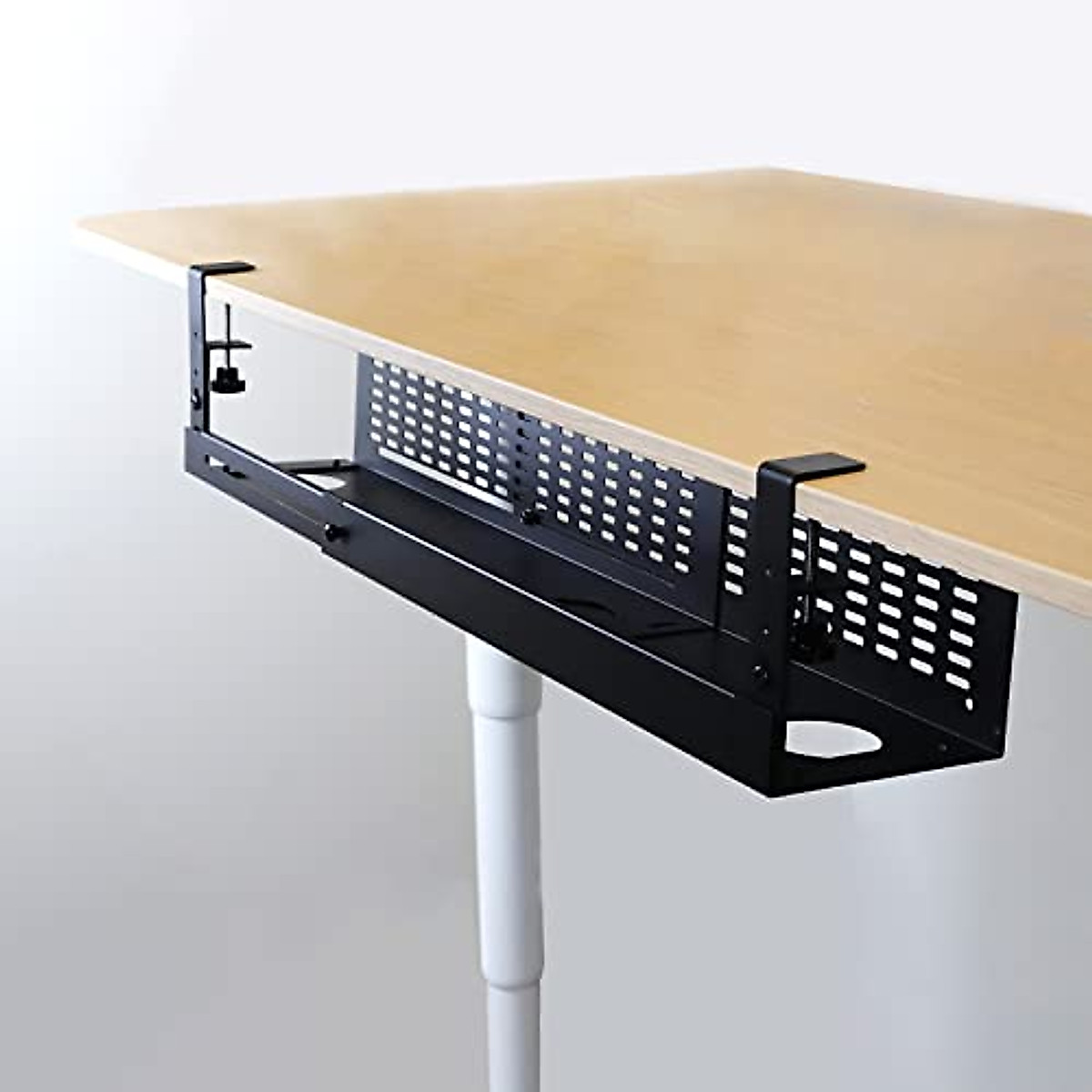 AEONS Under Desk Cable Management Tray Kit - Horizontal Adjustable up tp 41” Desk Organizer Removable C Clamp Mount Reversiable Computer Cord Raceway and Modesty Panel for Large Desk, Black