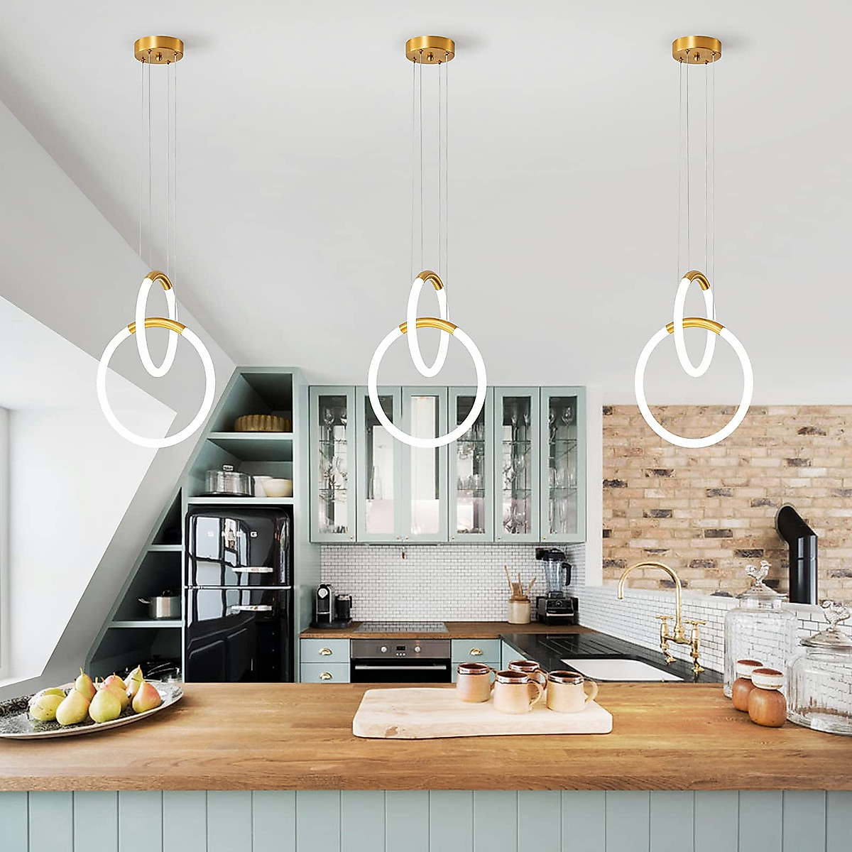 PENACINY Modern LED Pendant Light Fixtures, 22W Adjustable 2 Ring Gold Pendant Lighting,Circular Hanging Chandelier for Kitchen Island Dining Room Bedroom Entryway Hallway,D11.8+D 9.8" 4000K