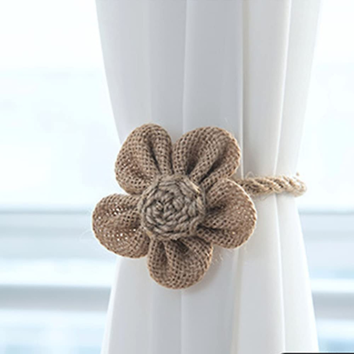 Magnetic Flower Curtain Tiebacks Style Tie Decorative Weave Rope Curtain, glrovazas 2 Pack Curtain Holders for Window Decor Bedroom Office Home(Curry)