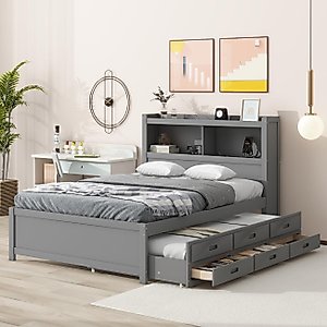 DNChuan Full Size Captain Bed with Trundle and Drawers,Platform Bed with Bookcase Headboard and USB Plugs,Solid Pine Frame-Gray