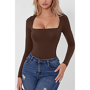 QINSEN Sexy Bodysuit for Women Square Neck High Cut Thong Tops Long Sleeve Shirt Coffee Bean XL