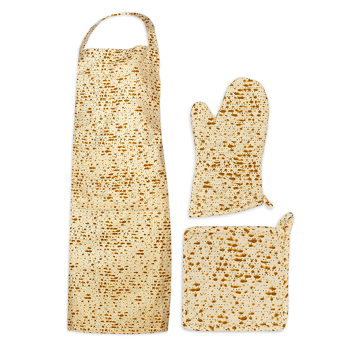 The Kosher Cook Passover Kitchen Linen Sets - Matzah Print Design - Kitchen Apron - Pot Holder - Oven Mitt - Pesach Seder and Kitchen Accessories