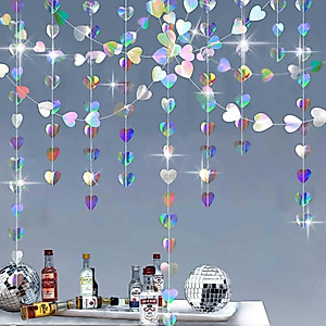 Fecedy 4 Pack Iridescent Love-Heart Garland Hanging Neon Streamers Banner for Birthday Bachelorette Baby Bridal Shower Engagement Valentines Decoration