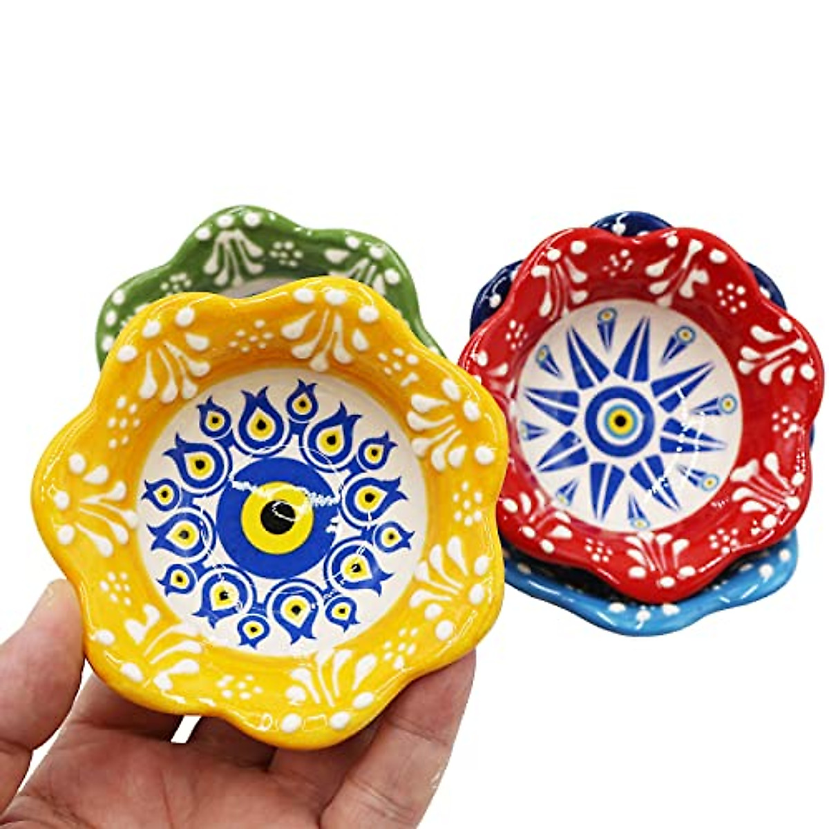 HeraCraft 6pcs Daisy Shaped Evil Eye Hand-Painted Ceramic Snack Bowls 3.74''/9.5cm-77ml/2.7 oz Decorative Nazar Design Multi-Purpose Cute Set - Pinch Sauce Dipping Finger Small Serving Bowls
