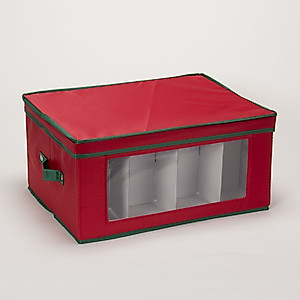 Household Essentials 542RED Holiday China Storage Chest with Lid and Handles | Balloon Goblet Wine Glasses | Red Canvas with Green Trim, Red & Green