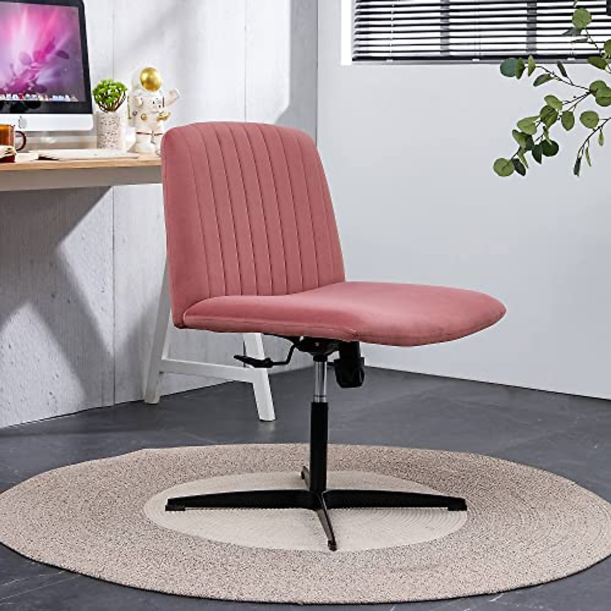 Velet Armless Office Chair no Wheels, PU Leather Home Desk Chair Height Adjustable Wide Swivel Office Chair no Arms, Mid Back Ergonomic Cross Legged Office Chair Pink