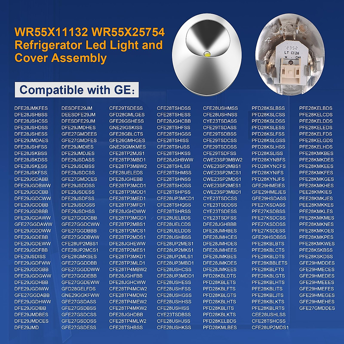 4Pcs WR55X11132 WR55X25754 WR55X26487 WR55X30603 WR55X30602 WR55X26486 AP5646375 PS4704284 3033142 LED Light Bulb and Cover Assembly for GE Refrigerator Led Light Assembly Replacement