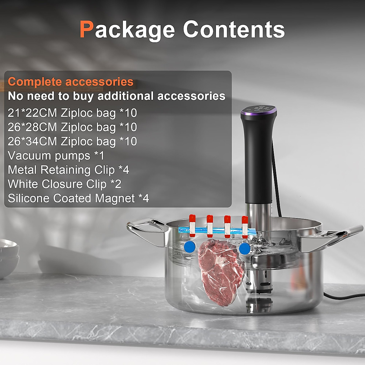 Hobsir hob Sous Vide Cooker Kit, 1100W Sous Vide Machine with 30 Seal Bags, Vacuum Pump, Magnets, LED, Wifi App Control, Silence Stainless Steel Immersion Circulator Slow Cooking Machine Sous-vide Kit