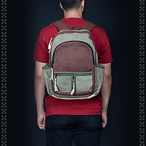 Ruana Lightweight Hemp Backpack 100% Natural Hemp cotton Fabric Casual Daypack Multipurpose Handmade Laptop Bag For Travel, Hiking, Yoga, Picnic (Brown & Green, 38 cm W x 45 cm L)