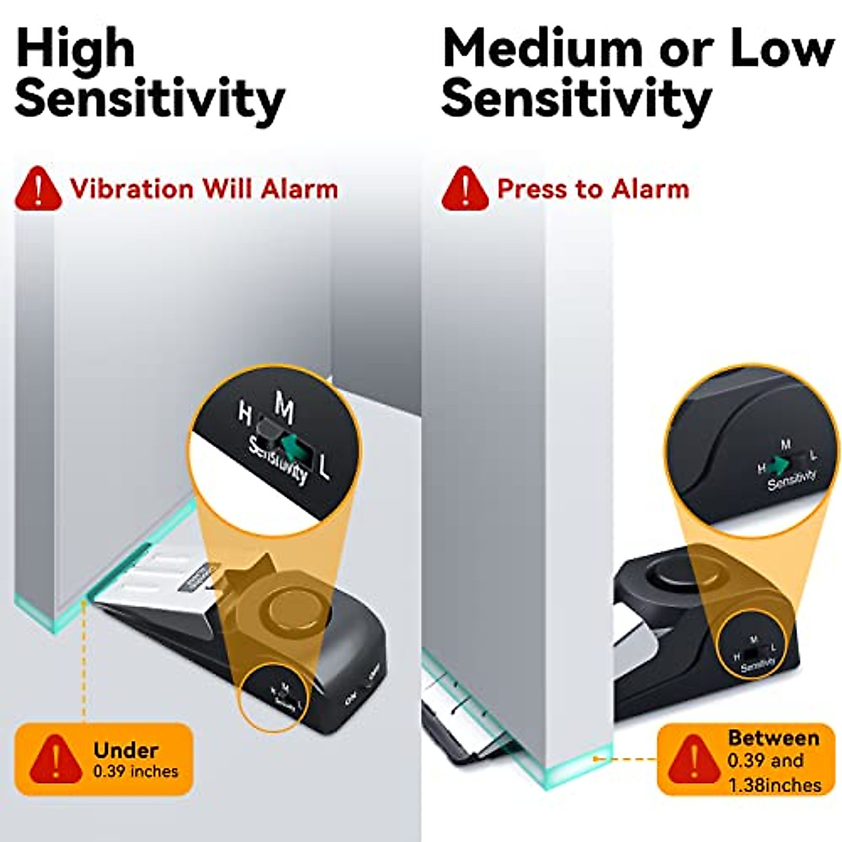 AceMining Door Stop Alarm with 120dB Siren, Floor Mount Type, Rubber Security Door Wedge for Home, Travel, Pack of 2, Black