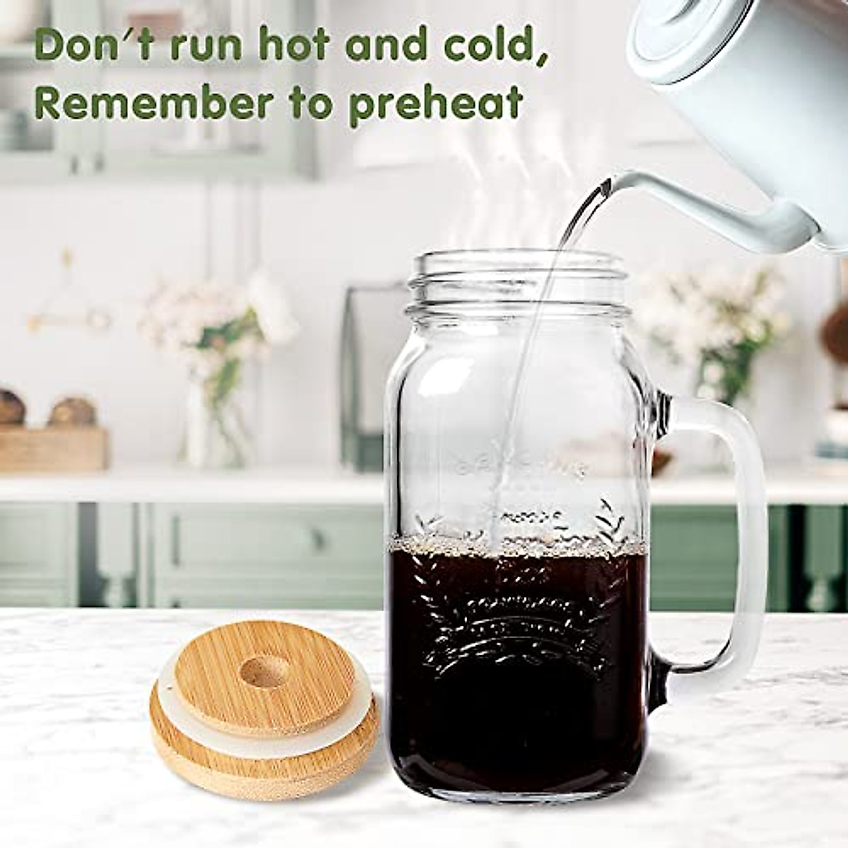 Yirilan 4 Pack 24Oz Mason Jar Cups, Mason Jars with Handle, Mason Jar Drinking Glasses, Mason Jar with Lid and Straw, Mason Jar Mugs