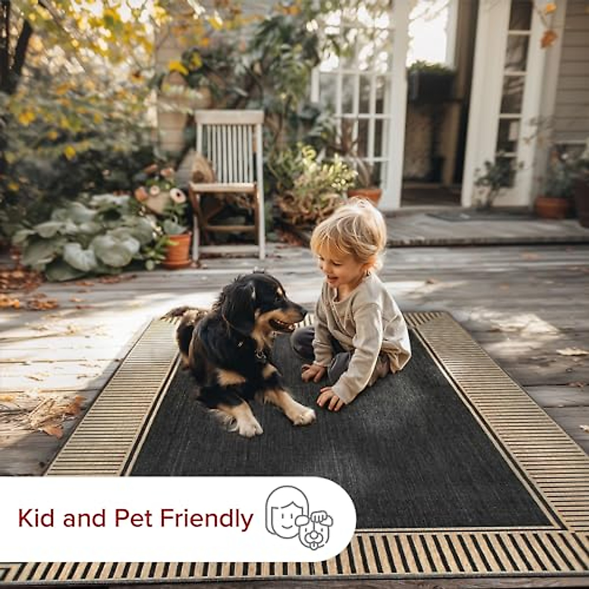 nuLOOM 7' Round Outdoor Area Rug, Casual Design With Striped Border, Stain Resistant, Highly Durable, For Patio, Balcony, Bedroom, Living Room, Dining Room, Bathroom, Dark Grey