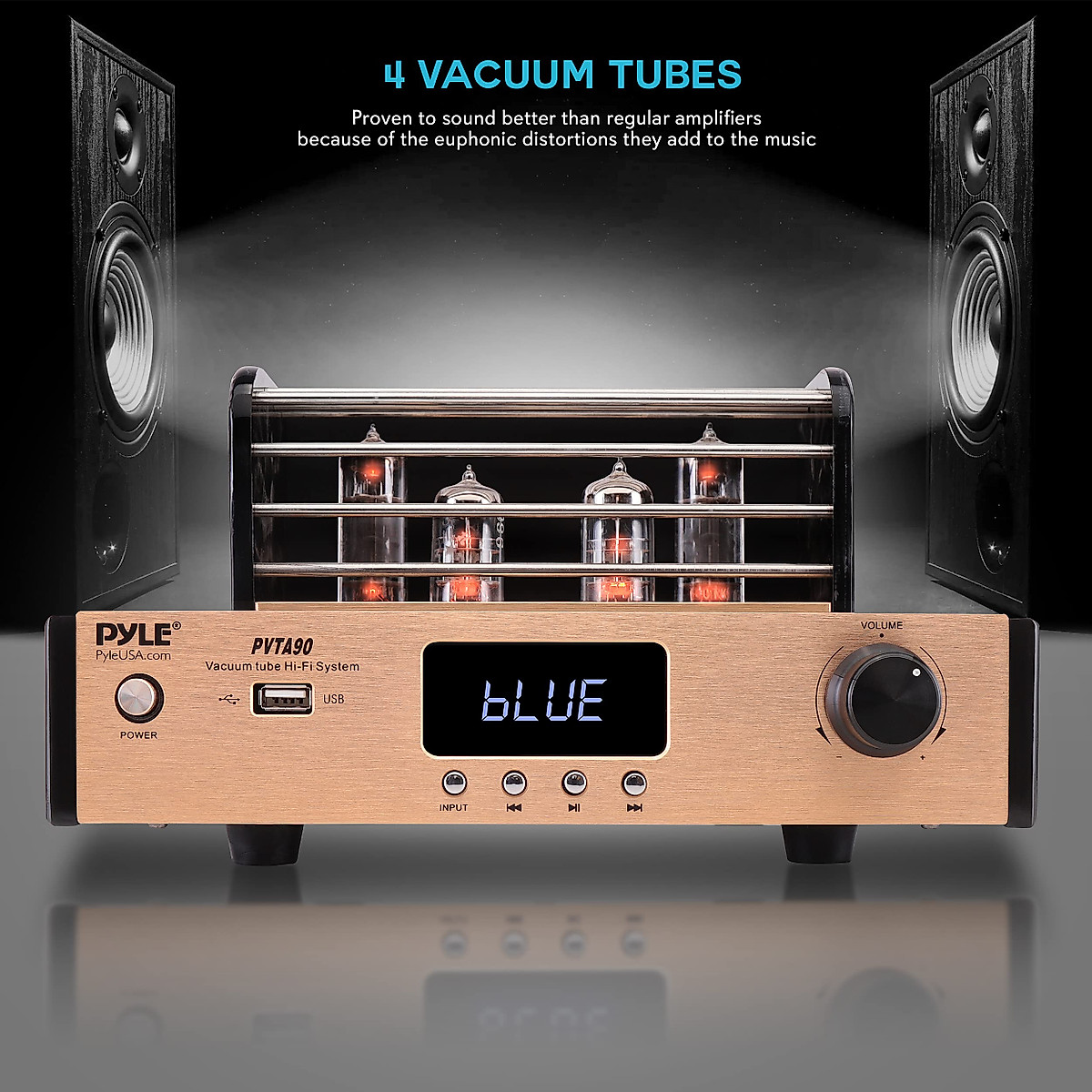 Pyle Bluetooth Tube Amplifier Stereo Receiver - 1000W Home Audio Desktop Stereo Vacuum Hi-Fi Power Amplifier Receiver w/ 4 Vacuum Tubes, USB/CD/DVD Input, Optical/Coaxial, Subwoofer Output - PVTA90