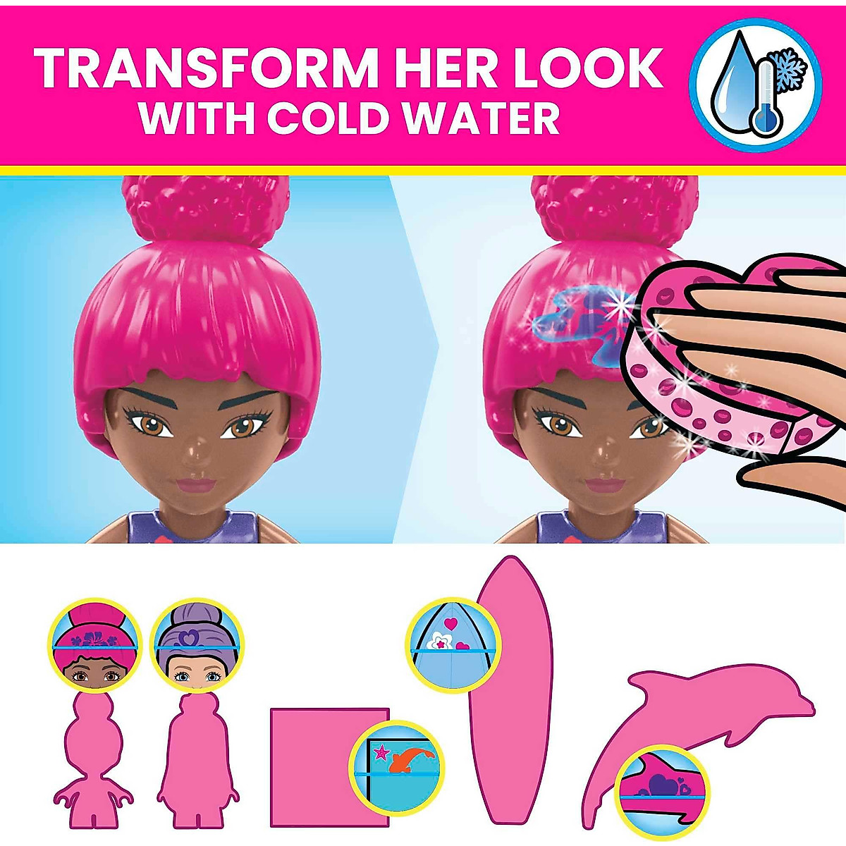 MEGA Barbie Color Reveal Building Toy Playset, Dolphin Exploration with 121 Pieces, 15 Surprises and Accessories, Kids Age 5+ Years