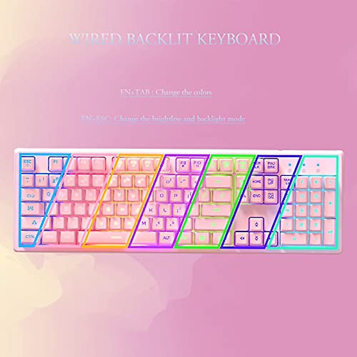 KECOP Baby Pink USB Wire Keyboard with Rainbow LED Backlight Full 104 keys Water-Resistant Mechanical Feeling Game Keyboard for Desktop, Computer, PC (Baby Pink)