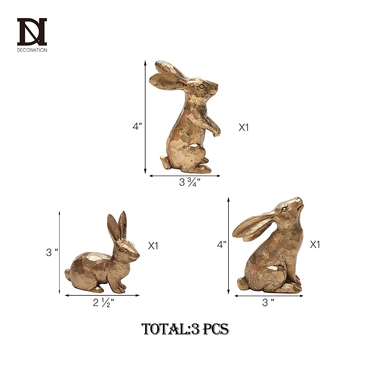 DN DECONATION Golden Polyresin Bunny Decor Rabbit Figurines, Easter Bunny Statue Set of 3 for Spring Tabletop Decor