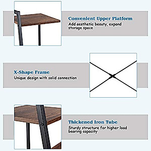 Tangkula Computer Desk with 4 Tier Shelves, Writing Desk Study Desk, Compact Computer Desk Workstation with X-Shaped Metal Frame & Adjustable Foot Pads, Home Office Desk (Brown)