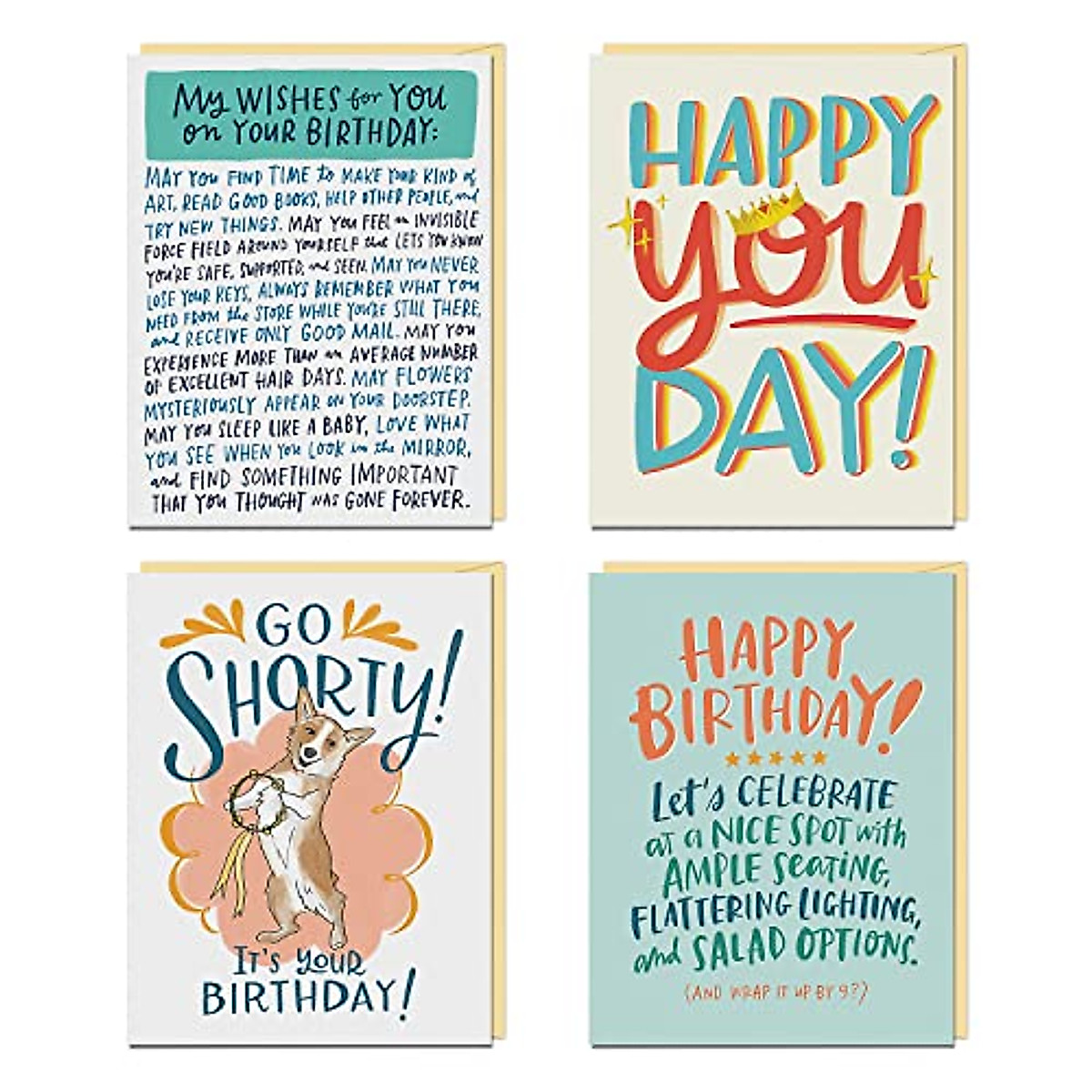 Em & Friends Birthday Cards, Happy Birthday Greeting Cards Illustrated Sayings Blank Inside (Box of 8, Assorted Cards, 2 Each 4 Styles)