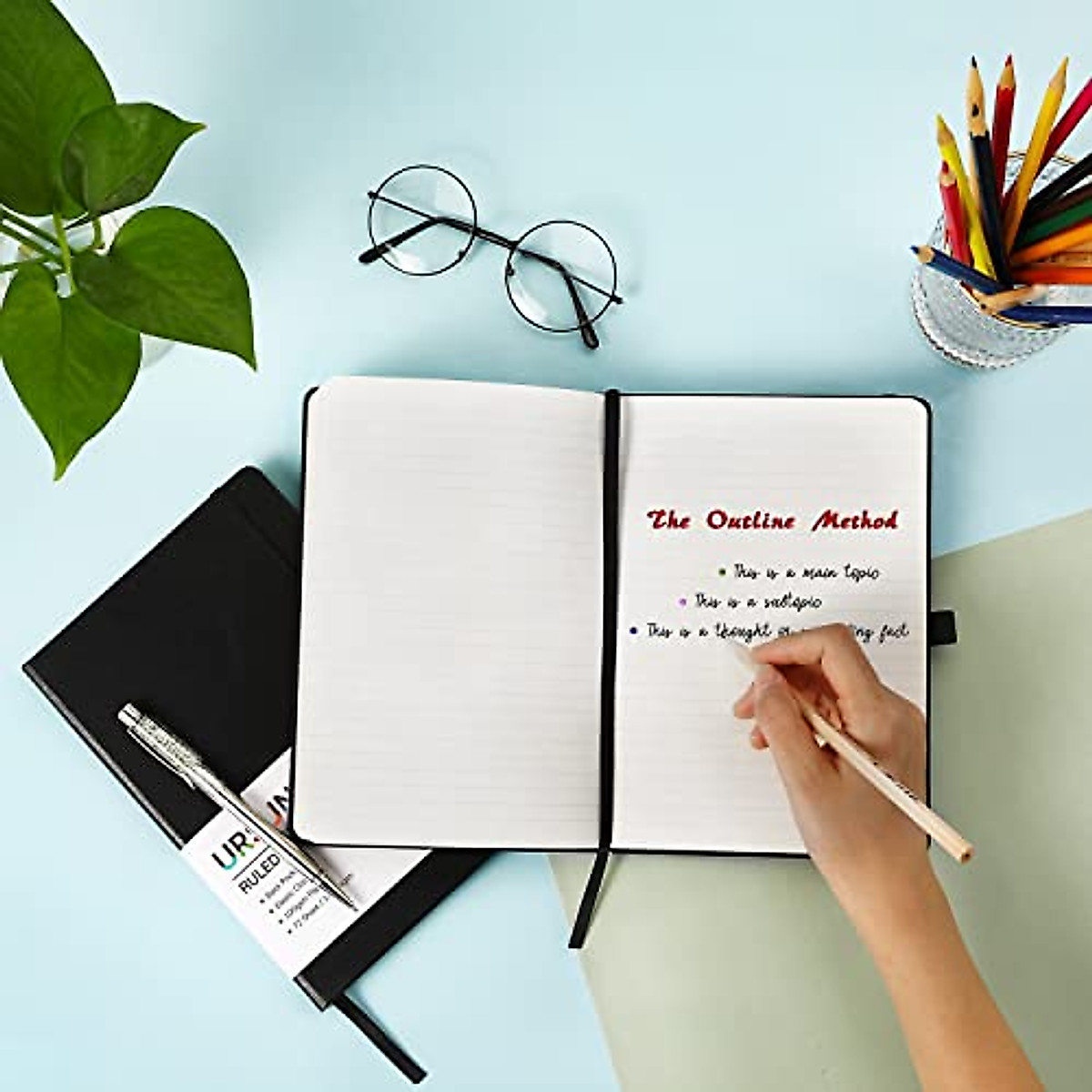 URSUNSHINE Ruled Notebook/Journal - Classic Lined Journal/Notebook, 5.7" x 8.4", Hardcover with Thick Paper, Banded + Pen Holder +Inner Pocket - Black