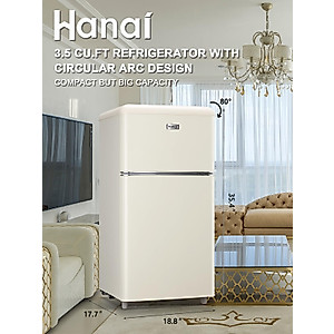 WANAI Compact Refrigerator 3.5 Cu.Ft Retro Mini Fridge With Freezer 2 Door Mini Refrigerator with 7 TEMP Modes, Removable Shelves, LED Lights, Ideal for Apartment Camper Dorm and Office, Cream
