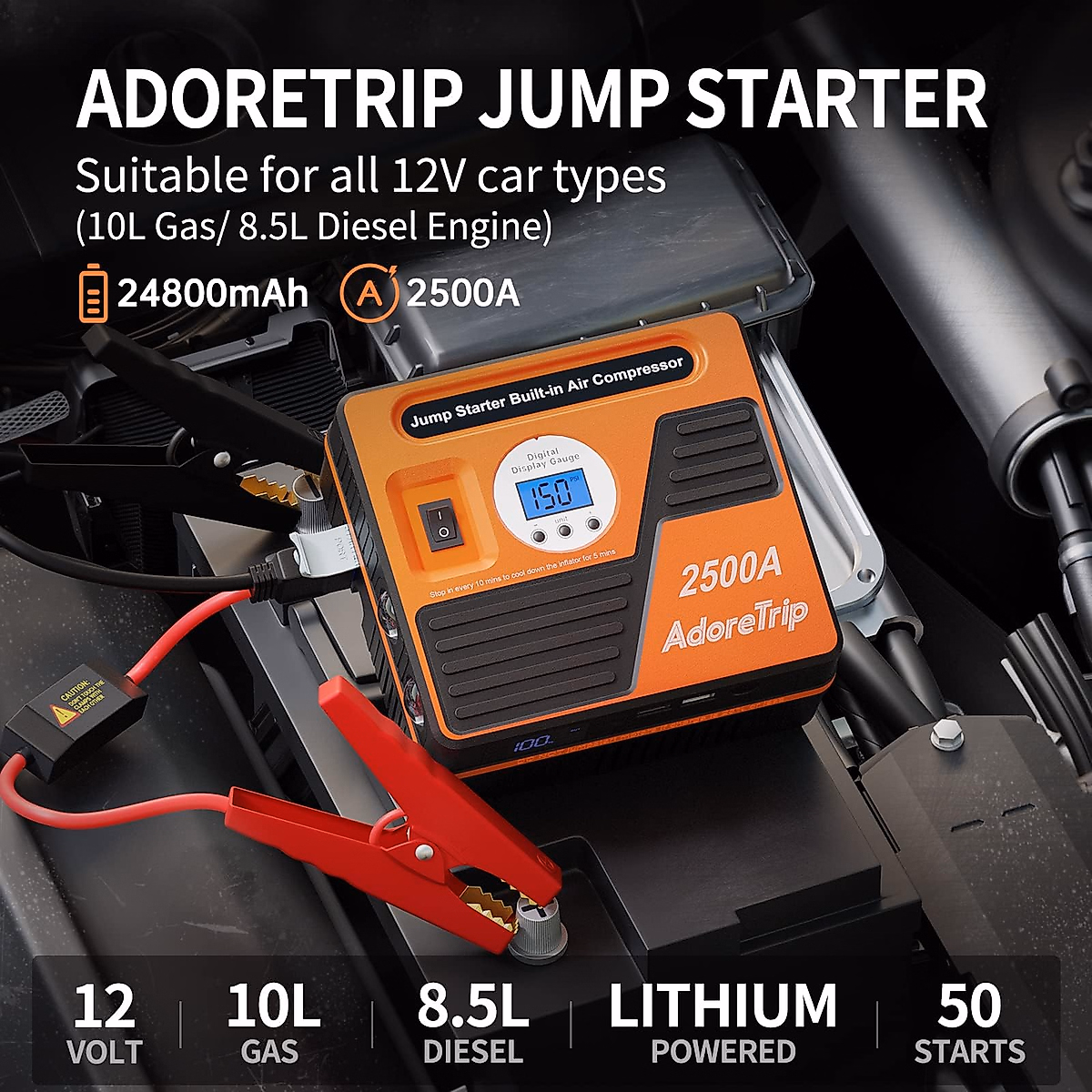 ADORETRIP Jump Starter with Air Compressor, 2500A 150PSI Car Battery Jump Starter (10.0L Gas/ 8.5LDiesel), 24000mAh 12V Jump Box Car Battery Jumper Starter Booster with Digital Display, 2 Lights