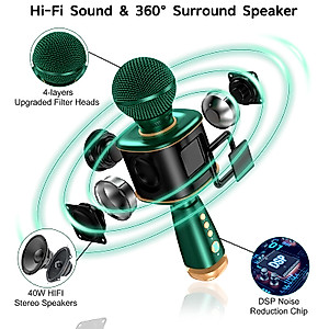 AsperX Karaoke Microphone, Wireless, Bluetooth, Portable, 5 in 1 Microphone with 40W Full Range Stereo Speaker for Singing, Suitable for Adults & Kids, Perfect for Birthday, Home Party (Green)
