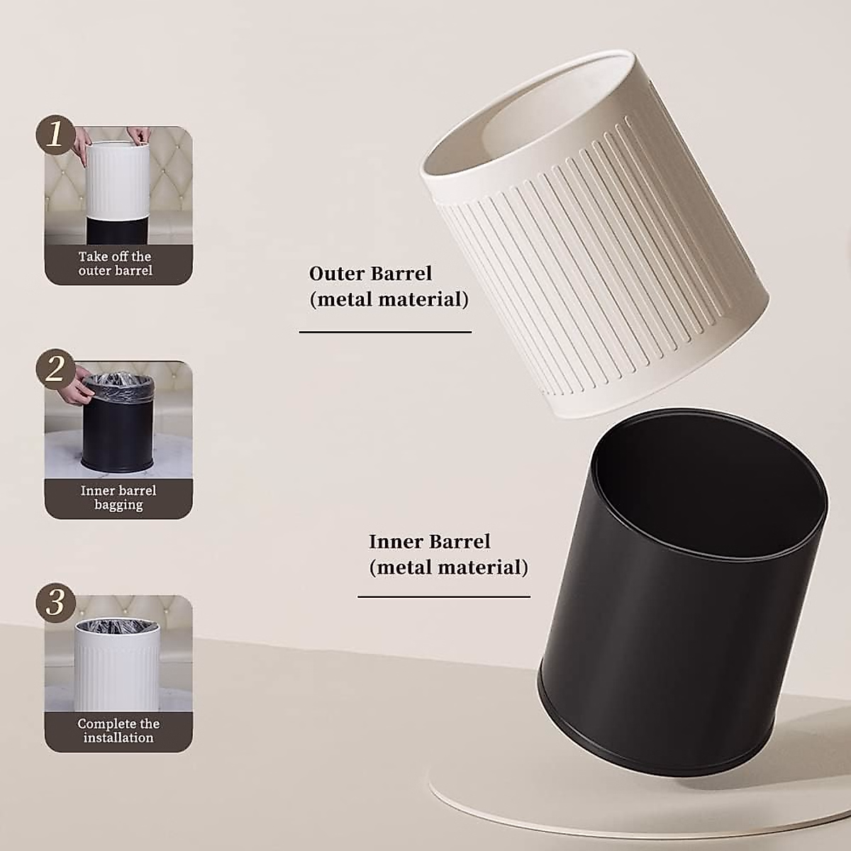 LEASYLIFE 14L/3.7GAL Metal Waste Basket for Bathroom,Office Round wastrbasket,Large Office Trash can,Modern Garbage can for Bedroom,Living Room,Office,Laundry,Restaurant,Hotel