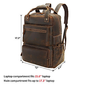 Polare Full Grain Leather 17.3‘’ Backpack Laptop Bag Camping Travel Rucksack Fits 15.6'' Laptop Dark Brown