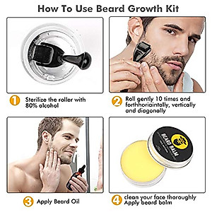 Beard Growth Kit - Derma Roller for Beard Growth, Beard Growth Serum Oil (2oz), Beard Balm and Comb, Stimulate Beard and Hair Growth - Gifts for Men Dad Him Boyfriend Husband Brother