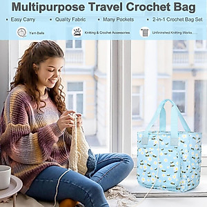 GDJZXD Crochet Bag, Crochet Storage, Knitting Organiser, Crochet Organiser, Craft Bag fit Carrying Projects, Knitting Needles, Crochet Hooks, Yarn, Blue Floral and Bees