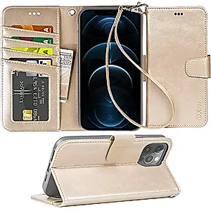 Arae for iPhone 12 Pro max Case with Credit Card Holder and Wrist Strap (Champagne Gold)