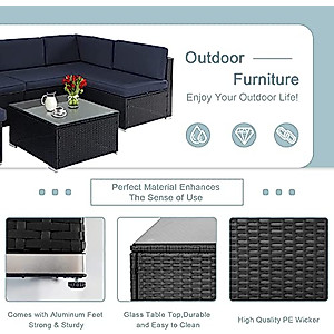 Crownland 7-Piece Outdoor Patio Furniture Sets, All-Weather Black Wicker Rattan Sectional Sofa, Modern Glass Coffee Table and Washable Seat Cushion with YKK Zipper (Dark Blue)