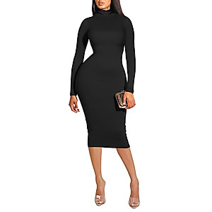 Pink Queen Womens Turtleneck Long Sleeve Knee Length Bodycon Midi Dress L Black