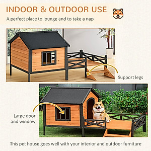 PawHut Wooden Dog House with Porch, Outside Dog House with Water-Resistant Asphalt Roof, Ladders, Fencing, Window, for Small and Medium Dogs, Natural