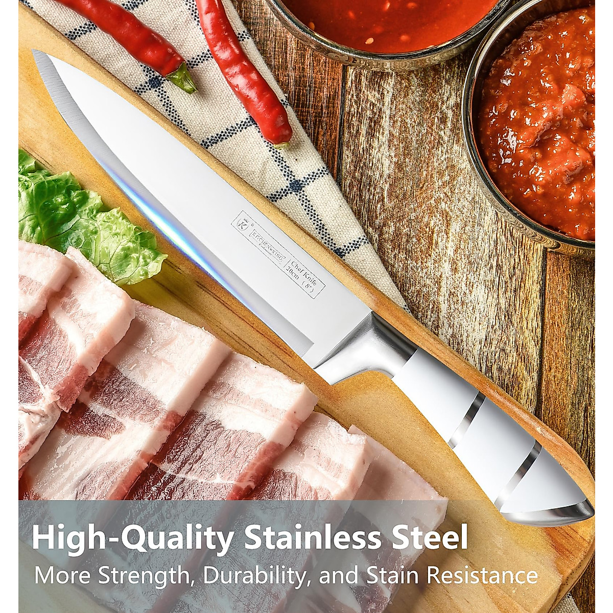 9Pcs White Kitchen Knife Set, DUFEIMOY Chef Knife Set Professional, Stainless Steel Knife Block Set with Scissors, Peeler and Knife Sharpener Rod for Cooking Meat Cutting