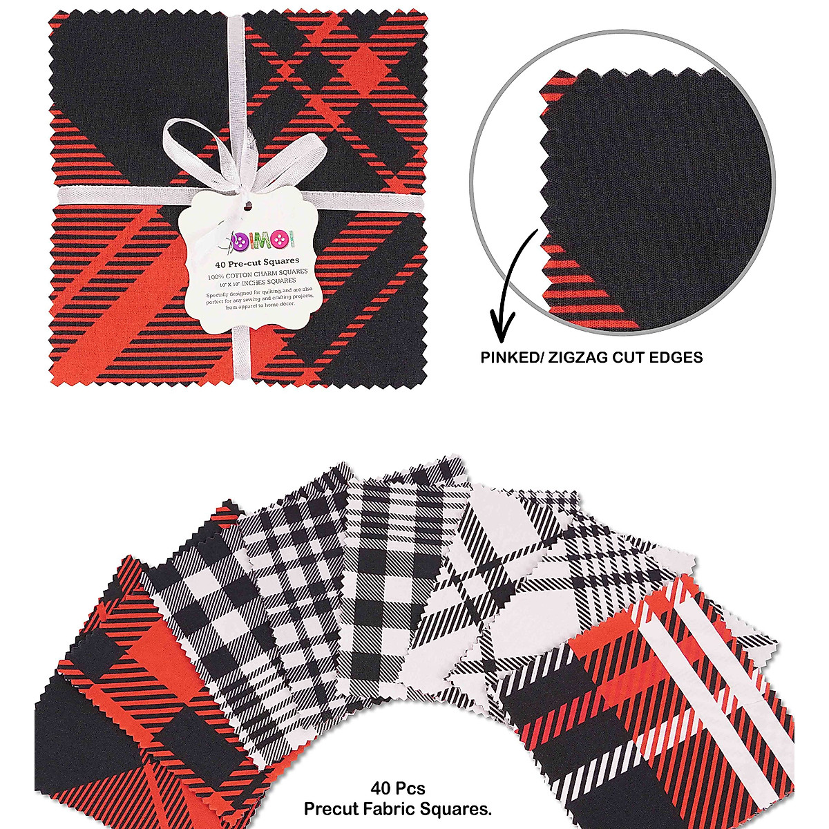 Soimoi Precut 10-inch Tartan Prints Cotton Fabric Bundle Quilting Squares Charm Pack DIY Patchwork Sewing Craft- Magenta & Black