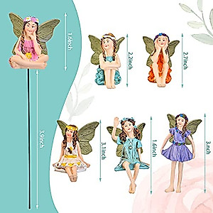 6 Pieces Miniature Fairies Accessories Mini Figurines with Stick Little Girl Sculpture Yard Ornaments Potted Plants Resin Decor for Outdoor Garden Lawn Decoration