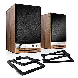 Audioengine HD3 Powered Bluetooth Speakers and DS1M Metal Desktop Speaker Stands Bundle (Walnut)