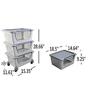 Vcansay 3 Tiers Plastic Large Stacking Organizer Baskets with Lid, Plastic Stacking Bins with Wheels