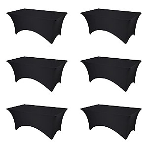 6 Pack Black Fitted Spandex Table Covers - 6Ft Stretch Tablecloths for 6 Foot Rectangle Folding Tables Rectangular Bulk Linen Fabric Elastic Table Clothes for Wedding Banquet Party Buffet Display