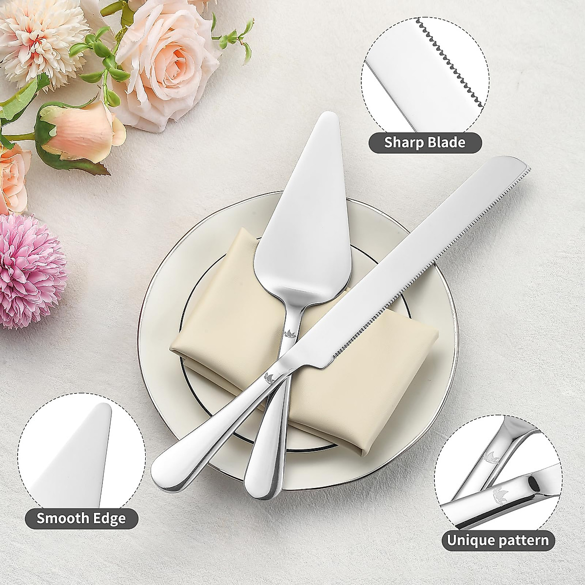 SANEXC Cake Cutting Set for Wedding - Extended Cake Knife And Server Set Thickened Stainless Steel Cake Cutter and Pie Spatula Great for Birthday Anniversary Christmas Gift Silver 2 Pcs
