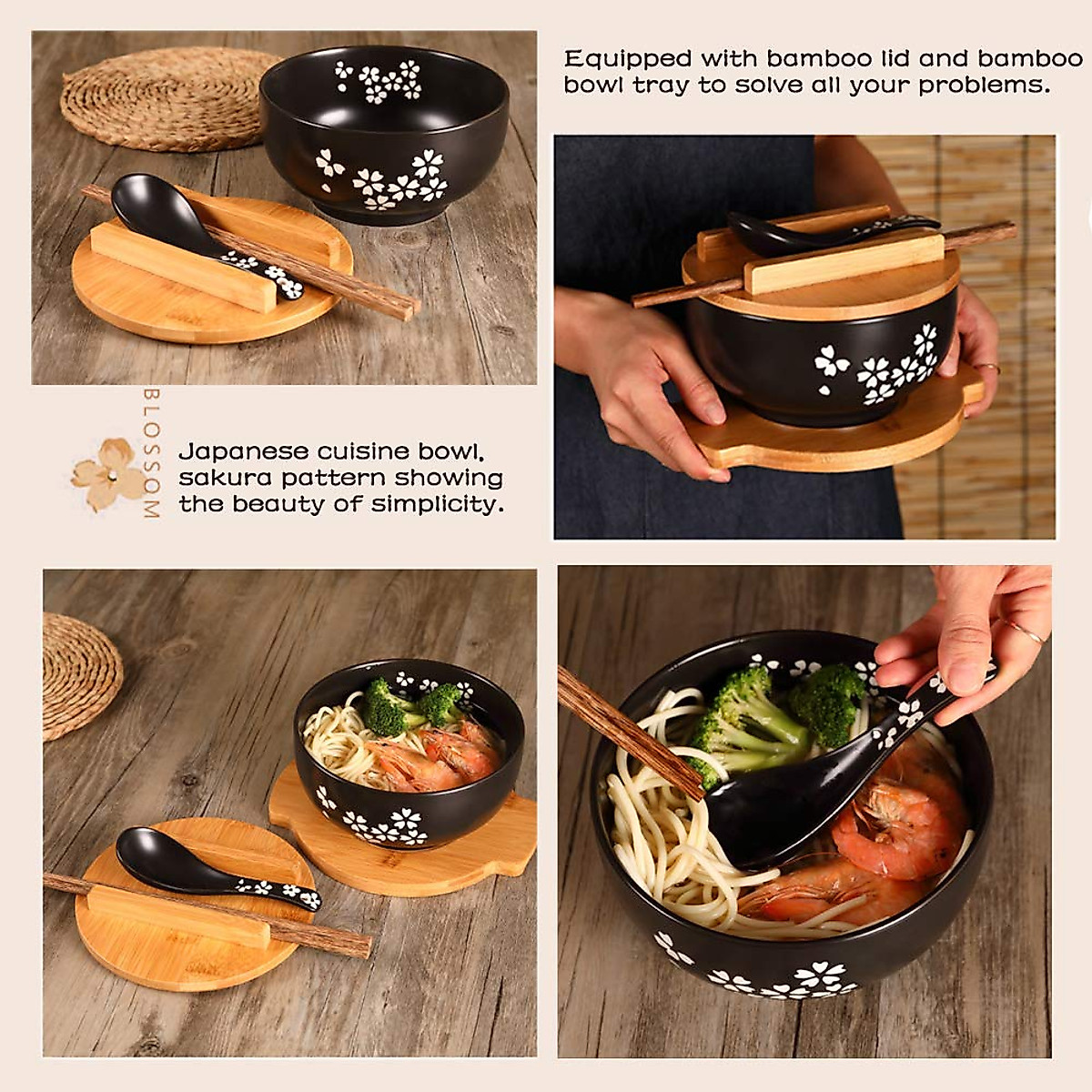 YingXue Japanese Cuisine Bowl (6.3 by 3.15 In) Set with Wooden Lid, Soup Spoon, Wooden Chopsticks, Bamboo Tray, Ceramics Sakura Ramen bowl, Ceramic Instant Noodle Bowl, Salad Bowl Soup Bowl Rice Bowl