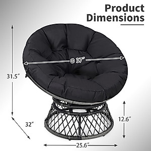 KROFEM 37" Wicker Papasan Circle Chair 360° Swivel, Indoor Outdoor Furniture, Ideal for Teenagers, Frame with Black Thick Cushion